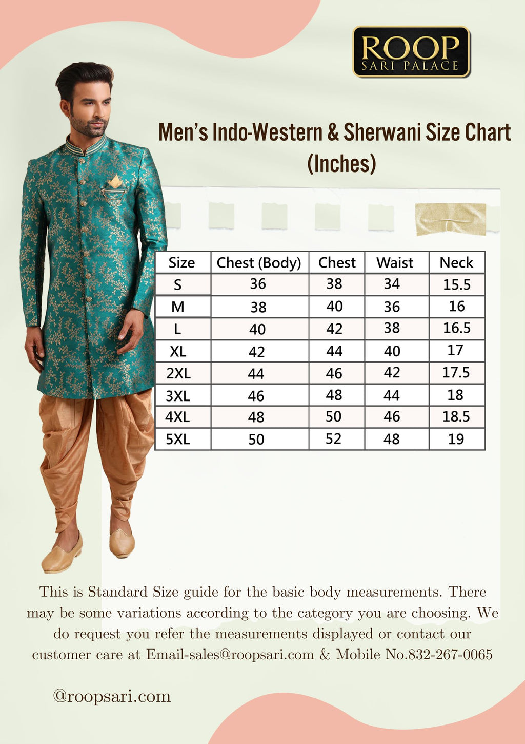 Men's Indo Western Size Chart | Roop Sari Palace