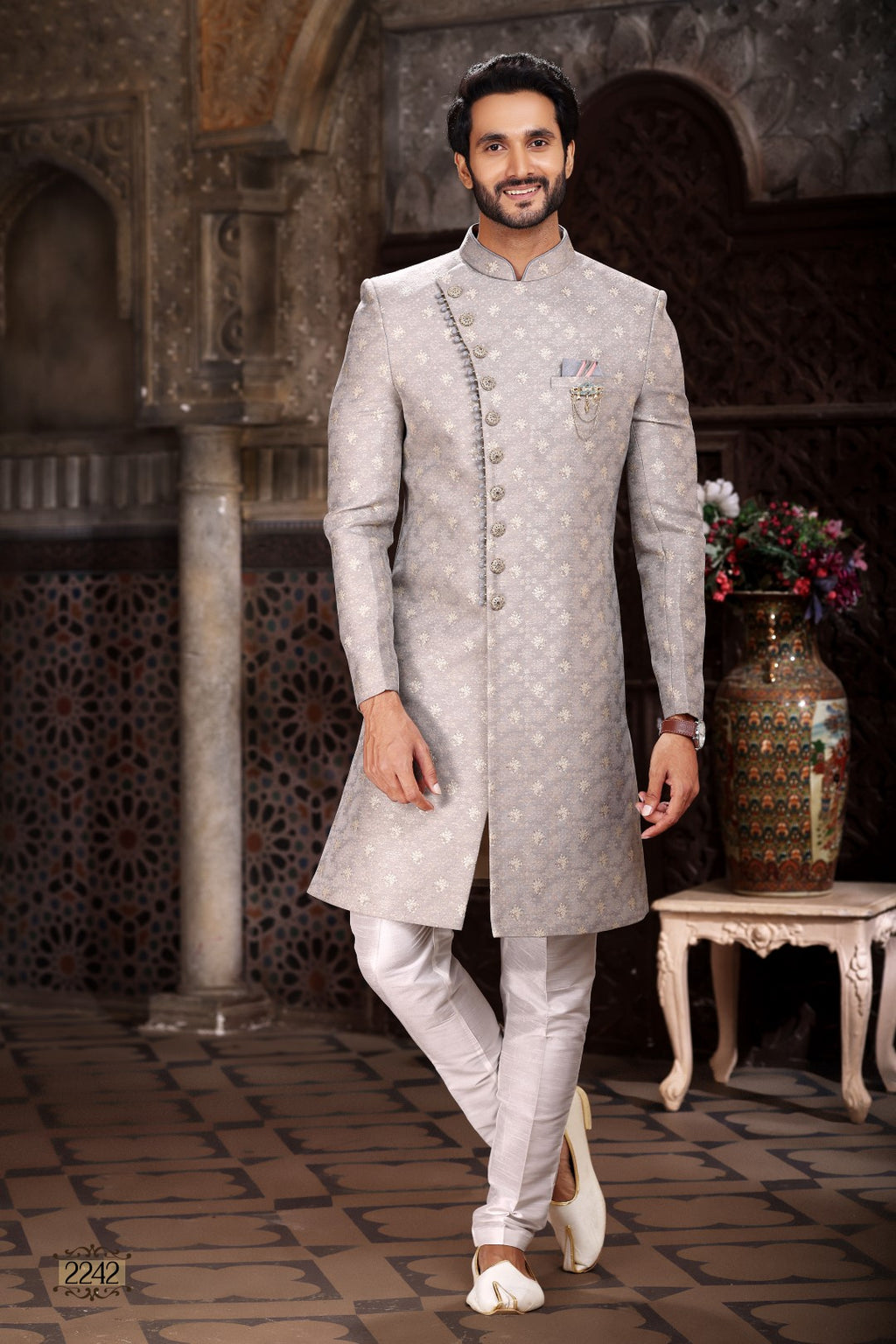 Men's Grey Semi Indo-Western Sherwani – Roop Sari Palace
